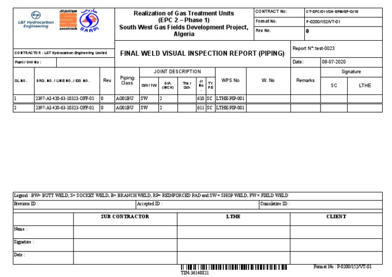 Final Weld Visual Inspection Report (Piping) | PDF | Mechanical ...