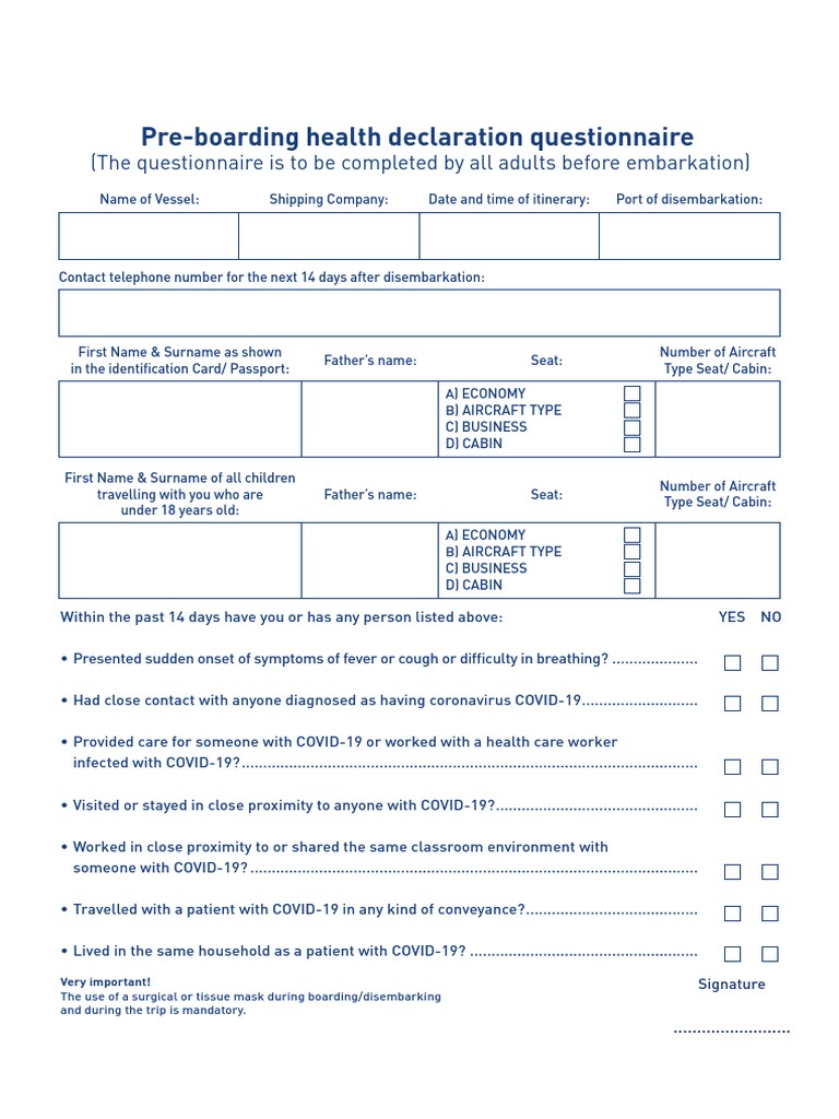 Pre-Boarding Health Declaration Questionnaire: (The Questionnaire Is To ...