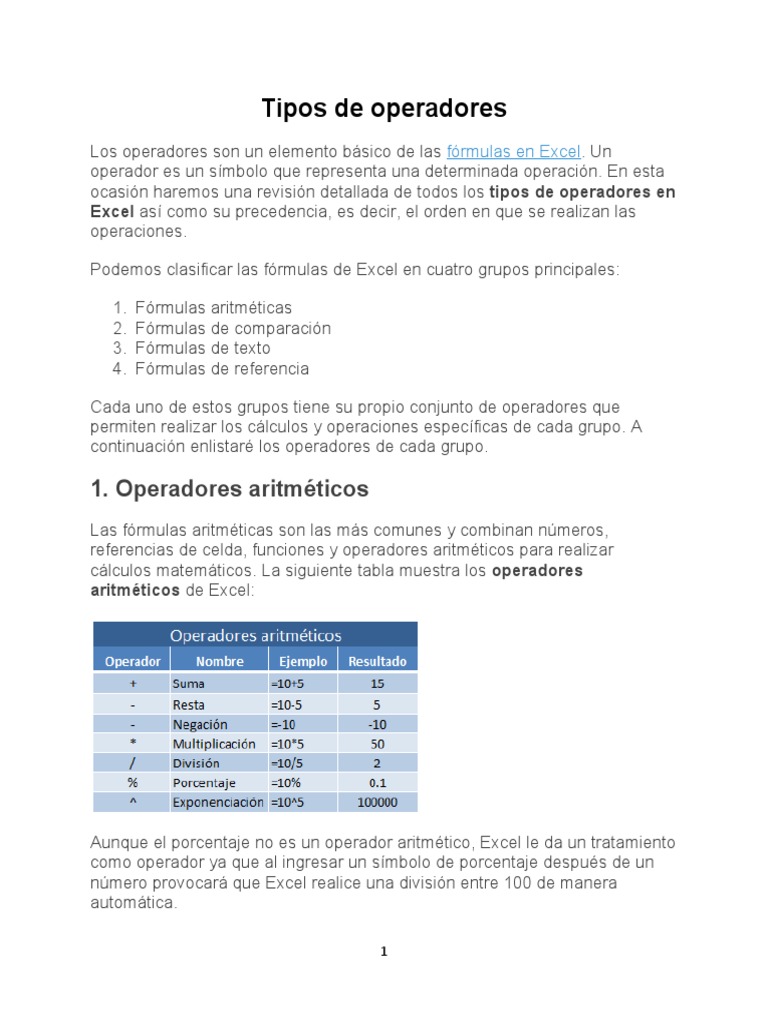 Tipos de Operadores Excel | PDF | Operador (Matemáticas) | Microsoft Excel
