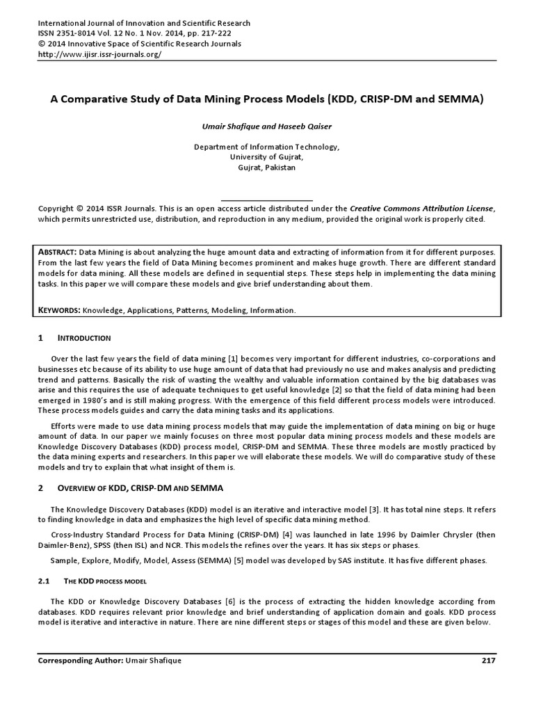 A Comparative Study of Data Mining Process Models (KDD, CRISP-DM and SEMMA) (2014) | PDF | Data ...