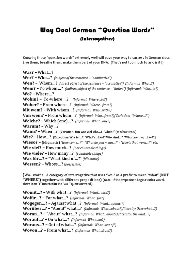 Way Cool German "Question Words": (Interrogatives) | PDF | Linguistic ...