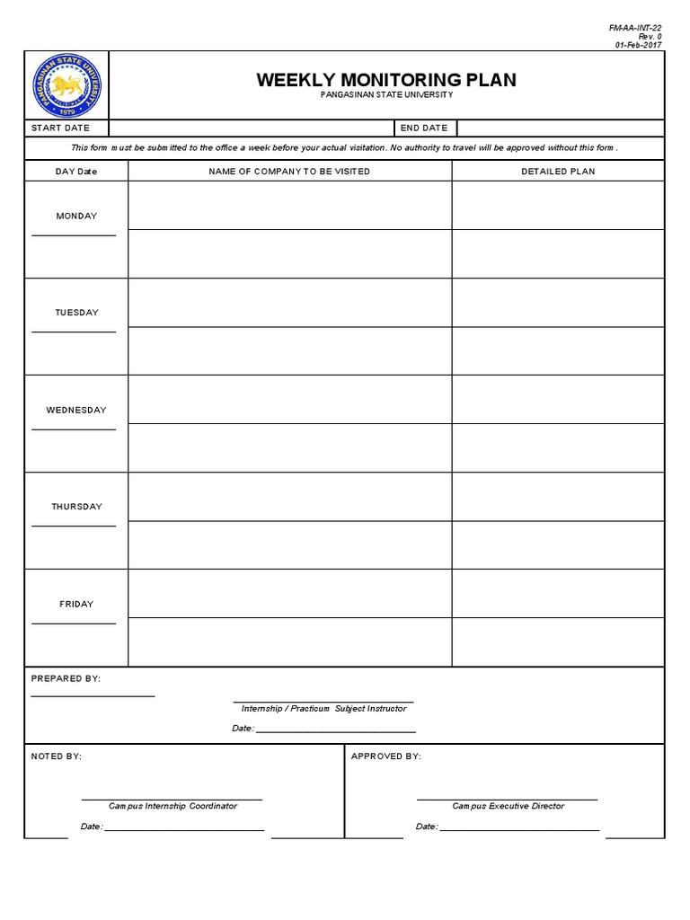 Weekly Monitoring Plan: Start Date End Date | PDF