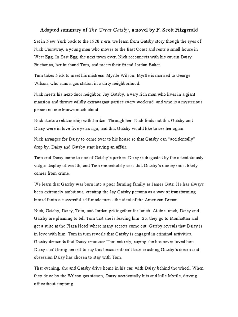 Adapted Summary of The Great Gatsby | PDF | The Great Gatsby | Novels