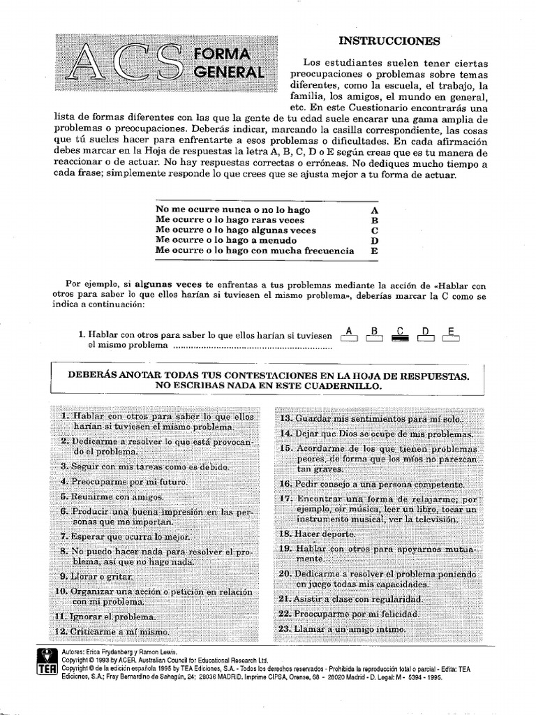 ACS (Escala de Afrontamiento para Adolescentes) | PDF