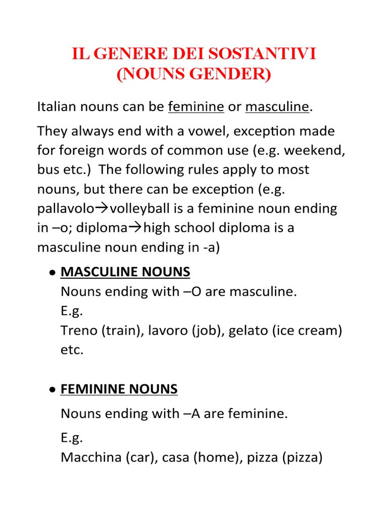 Il Genere Dei Sostantivi (Nouns Gender) | PDF