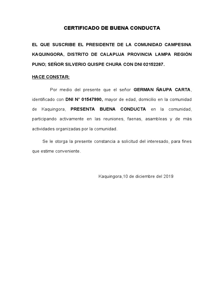 Certificado de Buena Conducta | PDF