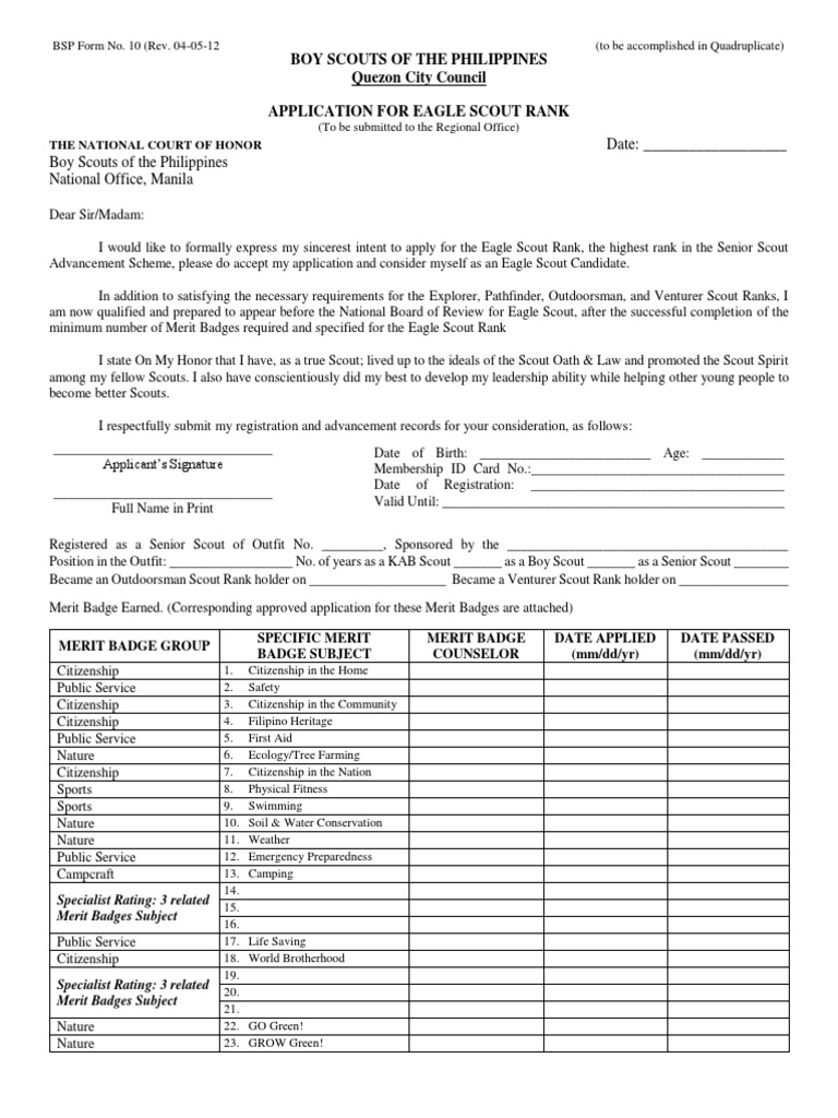 Application Form - Eagle Scout | PDF | Scouting | Youth Movements