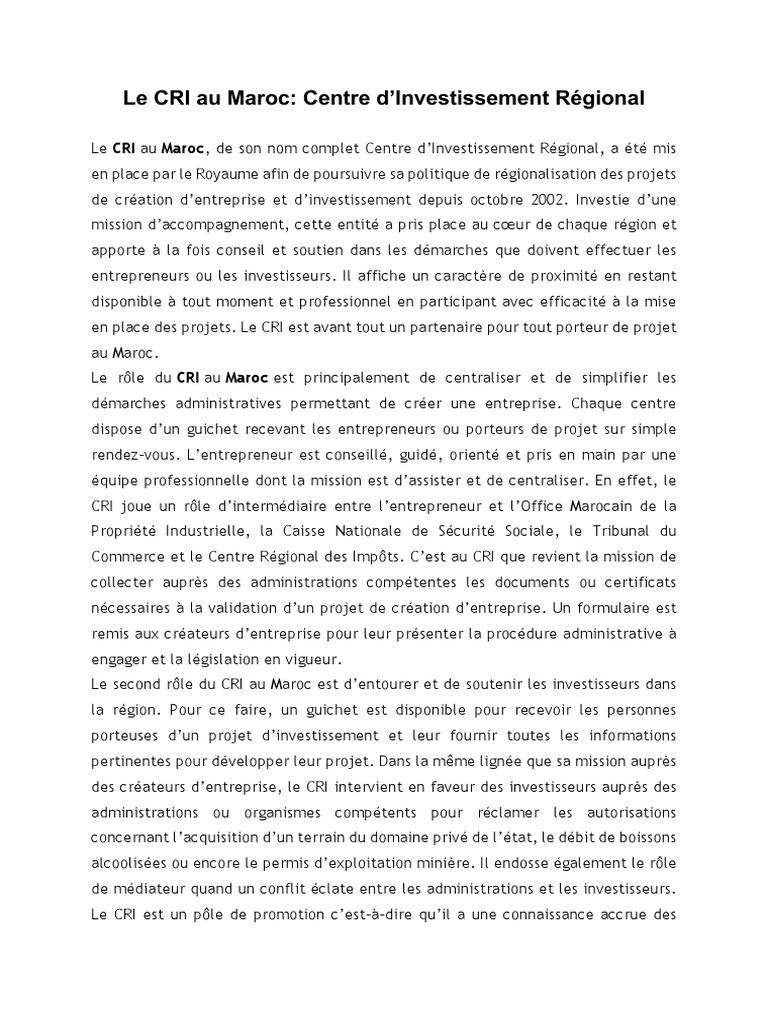 CRI Maroc : Soutien à l'Investissement | PDF | Maroc | Investir