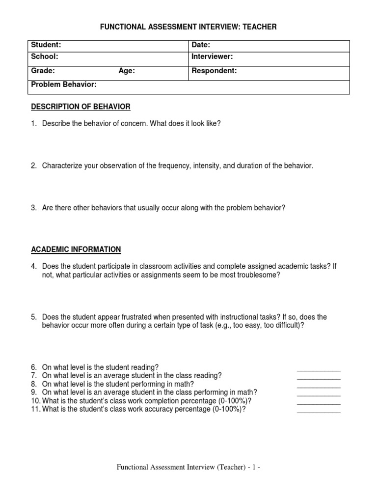 Functional Assessment Interview-Teacher | PDF | Behavior | Applied ...