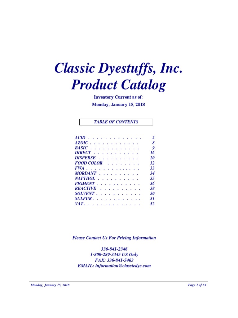 Classic Dyestuffs Product Catalog | PDF | Dye | Vision