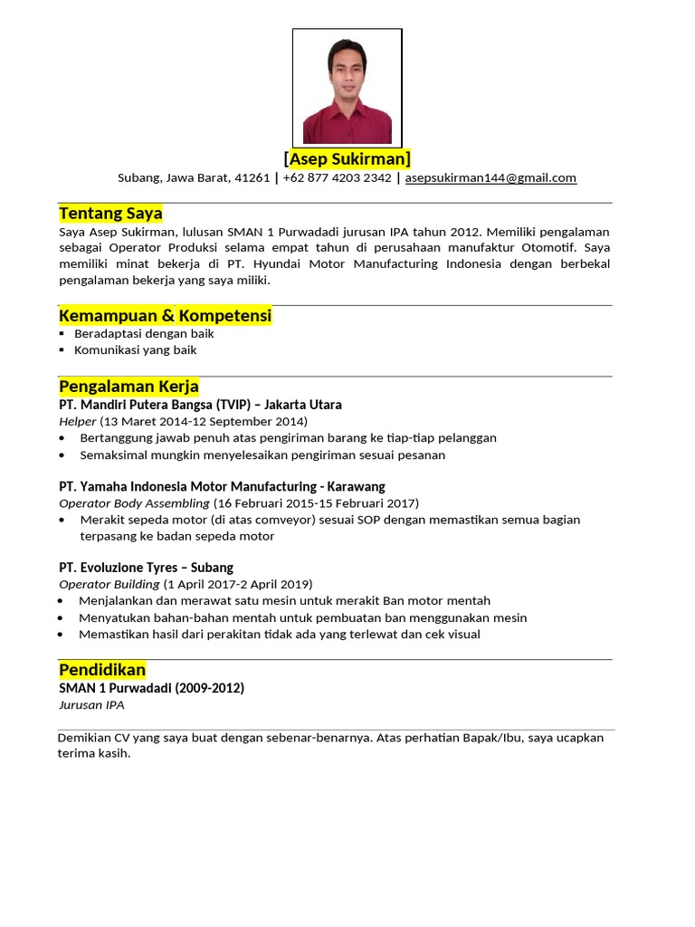 CV Asep Sukirman II | PDF