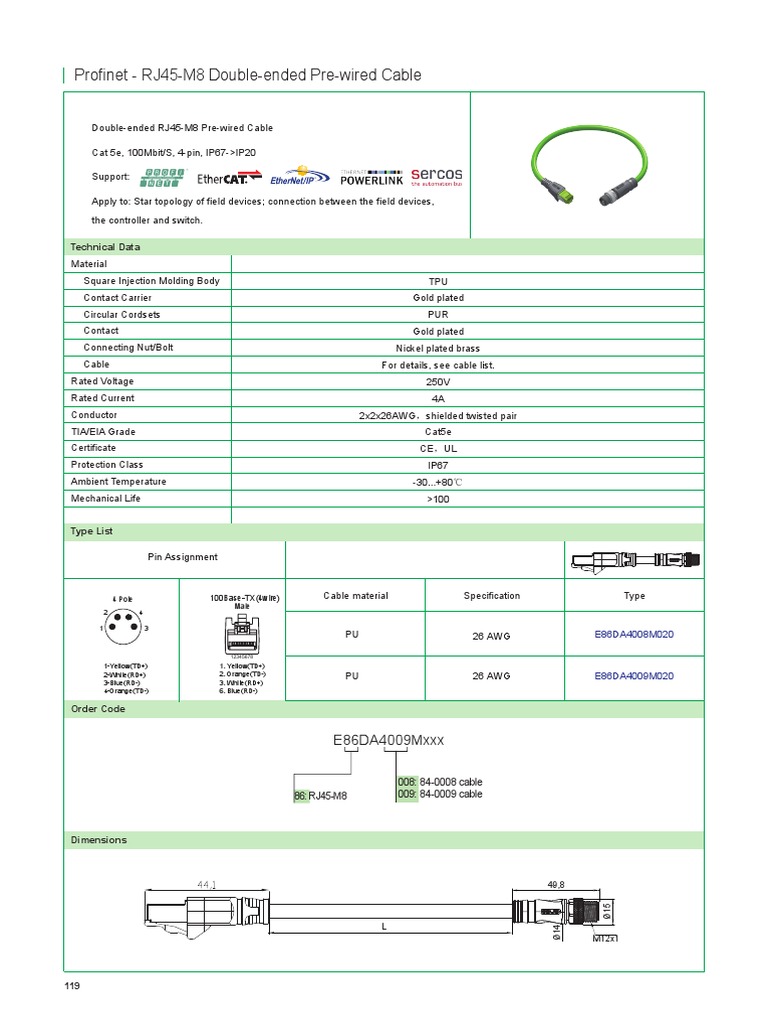 Profinet - RJ45-M8 Double-Ended Pre-Wired Cable: Technical Data | PDF ...