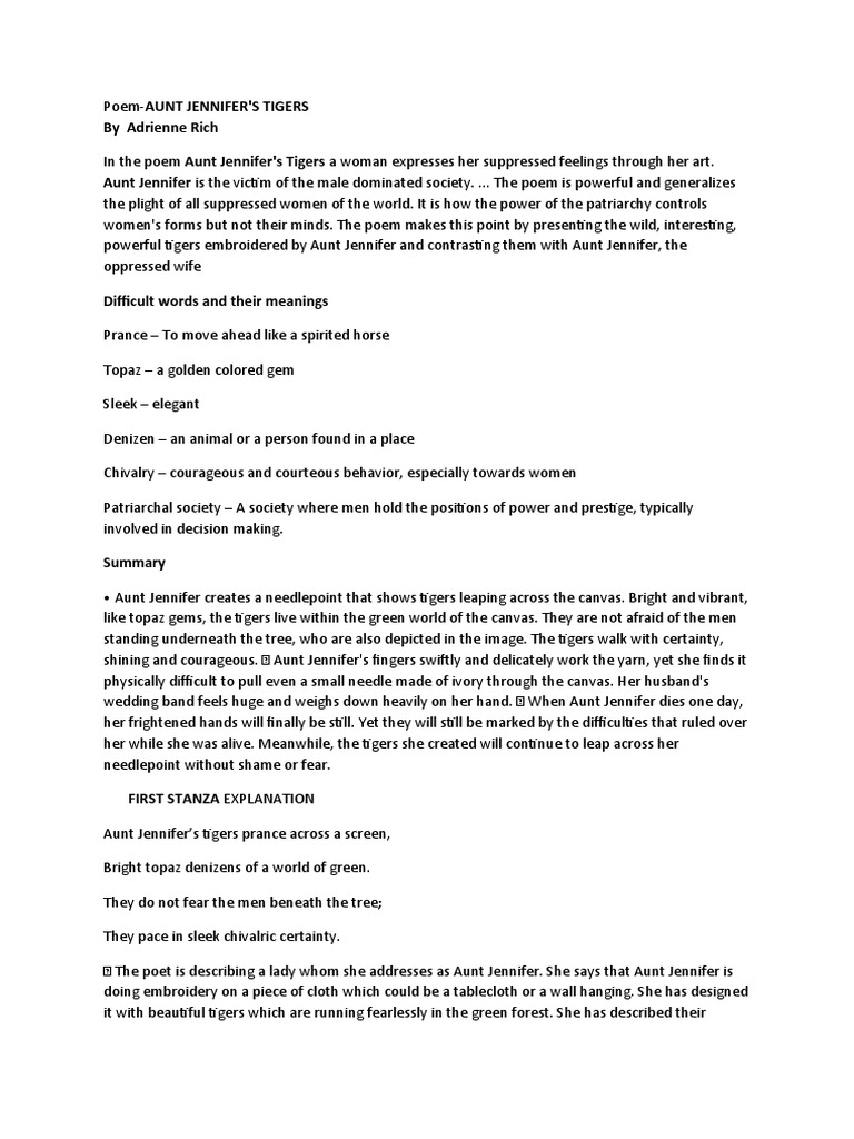 Aunt Jennifer's Tigers: A Poetic Analysis | PDF | Poetry