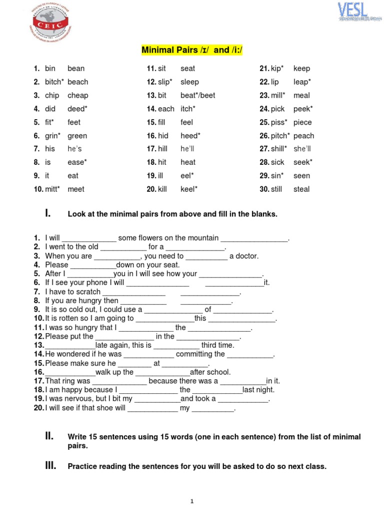 Minimal Pairs Practice Worksheet | PDF