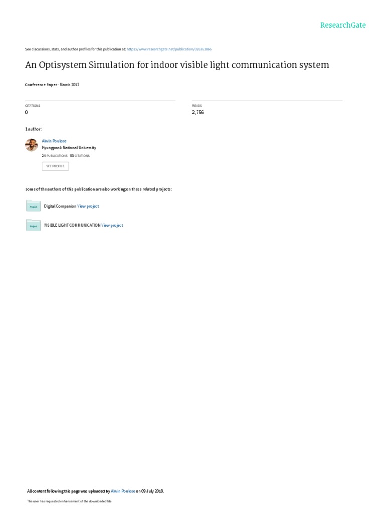 An Optisystem Simulation For Indoor Visible Light Communication System Pdf Transmission