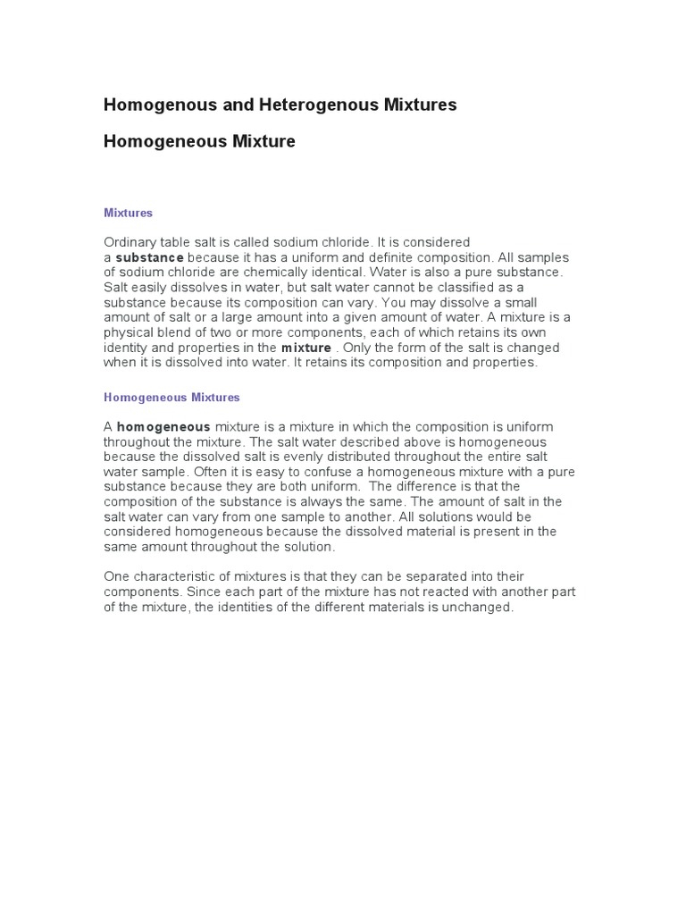 Homogenous and Heterogenous Mixtures | PDF | Cooking, Food & Wine