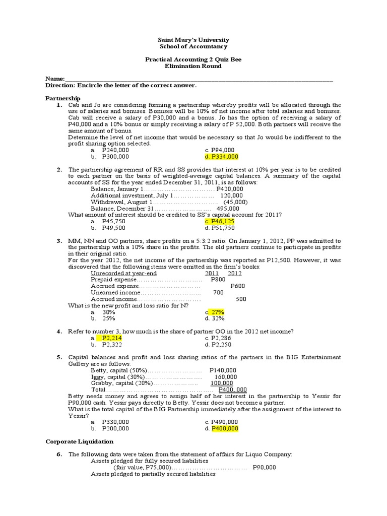 Practical Accounting 2 Quiz Bee: Analyzing Partnership, Corporate ...