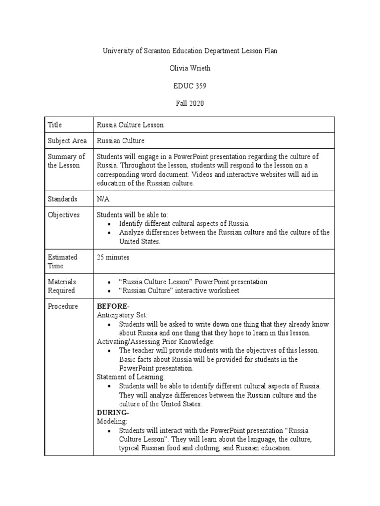 Russian Culture Lesson Plan | PDF | Microsoft Power Point | Pedagogy