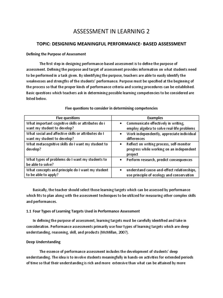 Assessment in Learning 2: Topic: Designing Meaningful Performance-Based ...