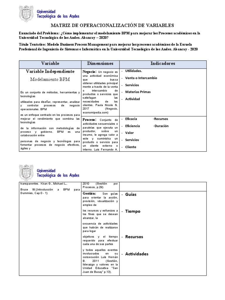 Matriz de Operacionalización de Variables | PDF | Procesos de negocio ...