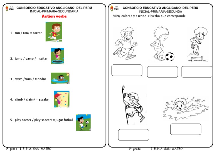 Action Verbs: Mira, Colorea y Escribe El Verbo Que Corresponde | PDF