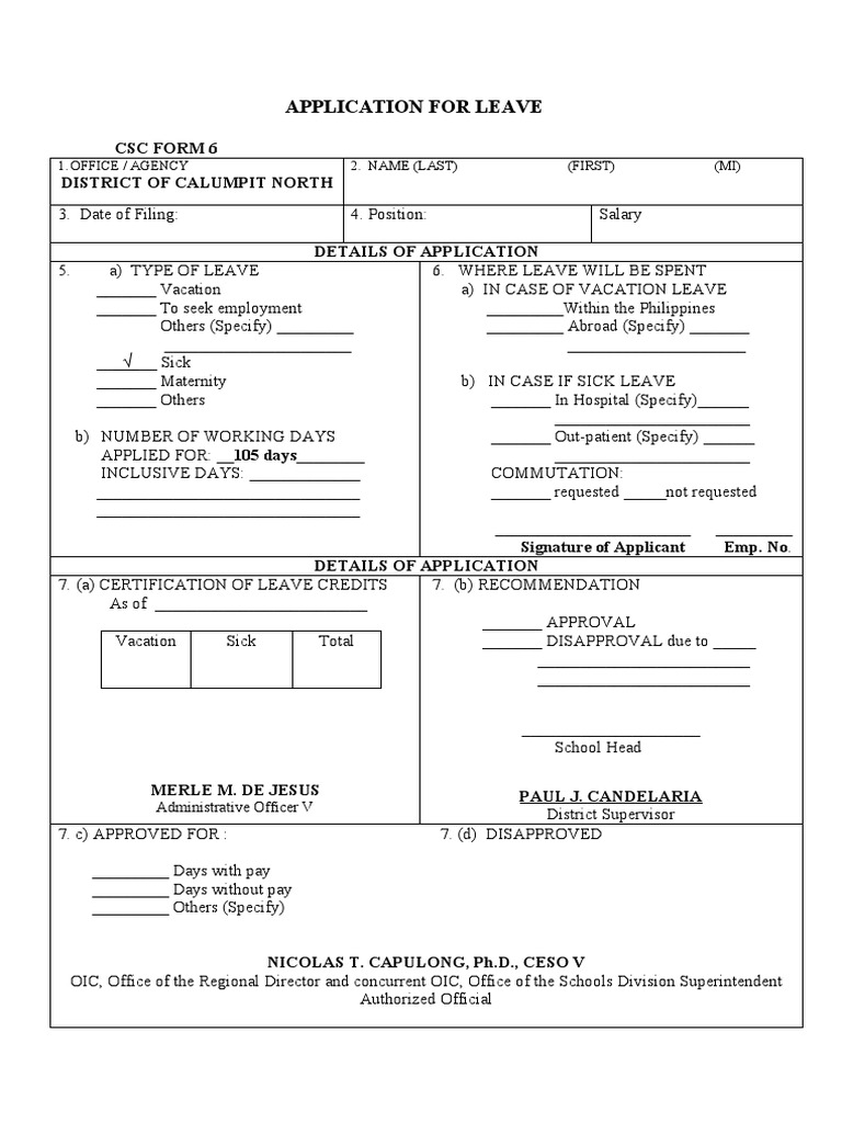 Application For Leave: CSC Form 6 District of Calumpit North | PDF ...