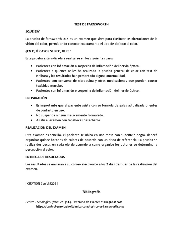Prueba de Farnsworth D15: Guía y Resultados | PDF | Ciencia y matemáticas