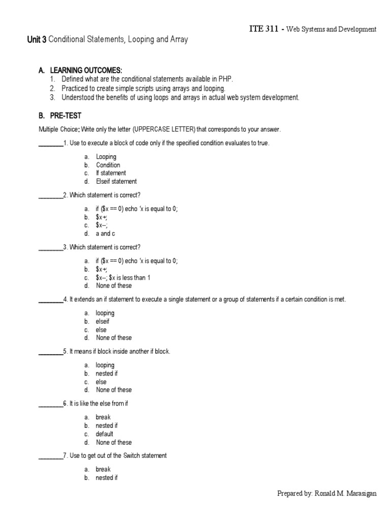 Ite 311 Unit 3 Conditional Statements Looping And Array Pdf Control Flow Array Data