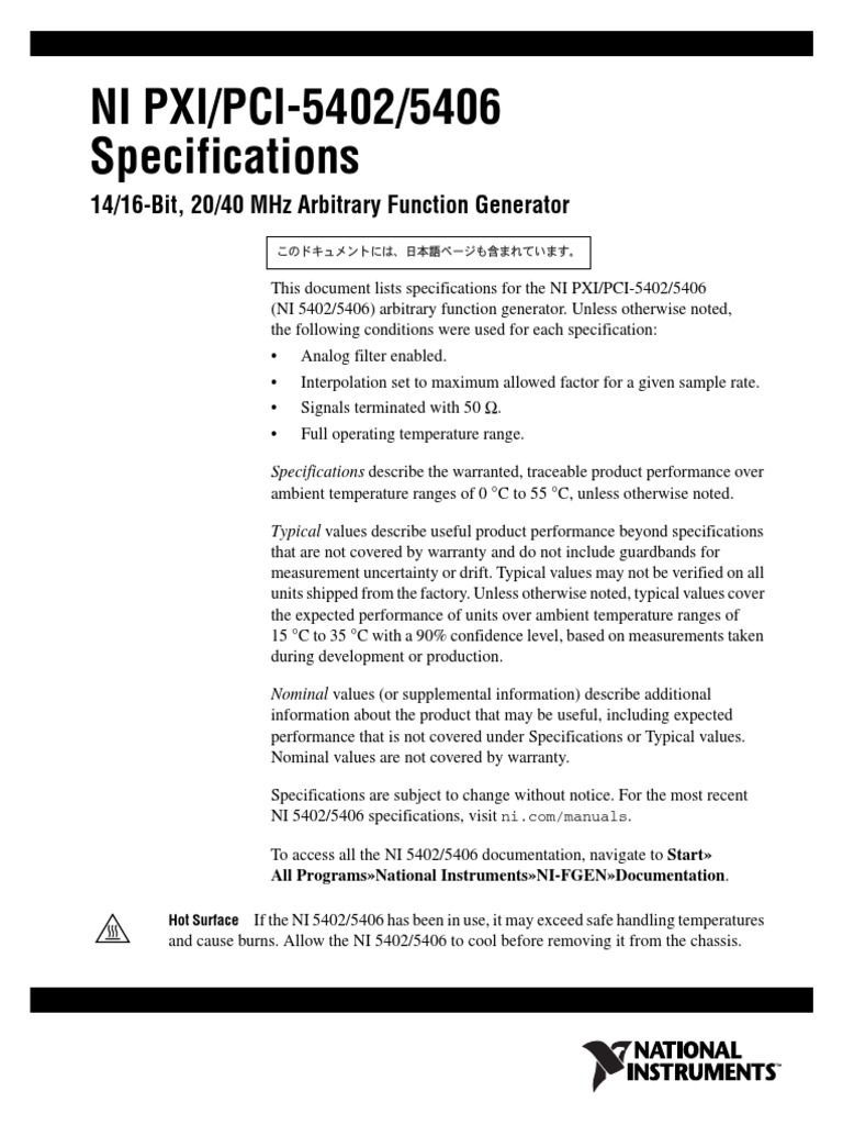 Ni Pxi/Pci-5402/5406 Specifications: 14/16-Bit, 20/40 MHZ Arbitrary ...