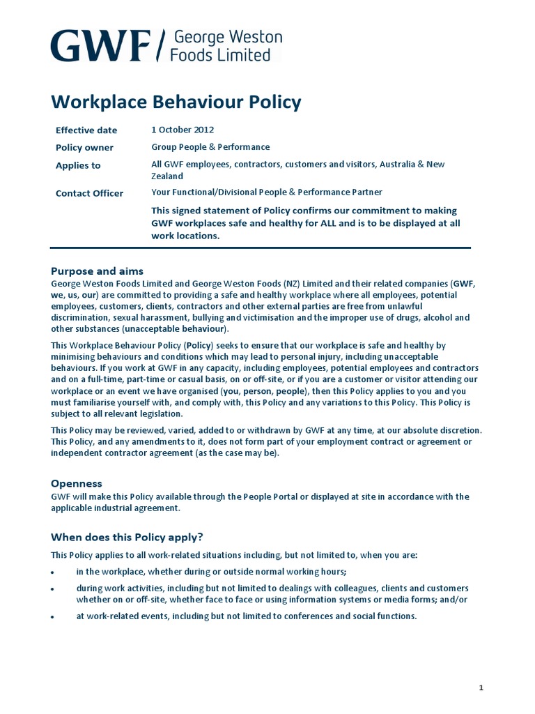 Workplace Behaviour Policy: Purpose and Aims | PDF | Harassment ...