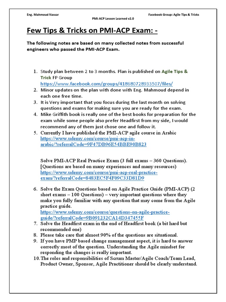 PMI-ACP Exam Lesson Learned v2 (English) | PDF | Agile Software ...