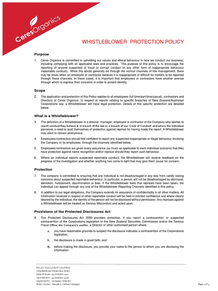 Whistleblower Protection Policy | Download Free PDF | Whistleblower ...