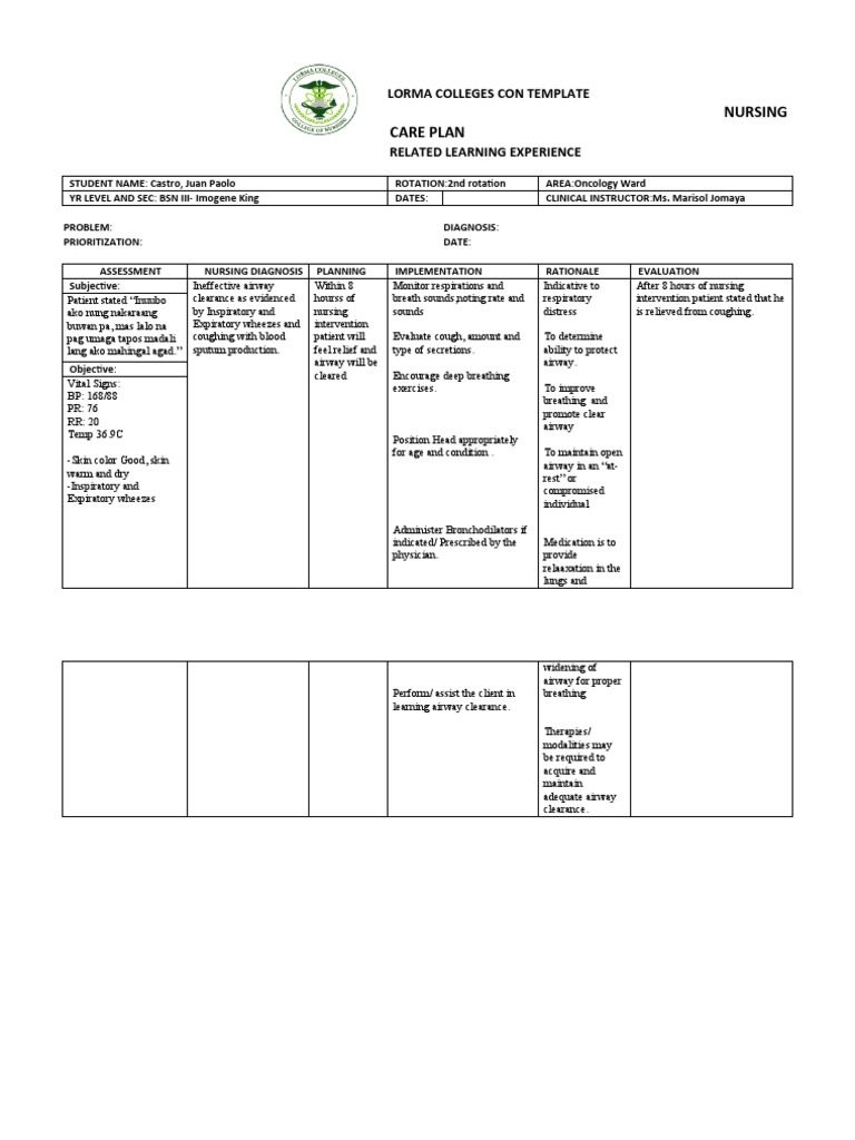 Nursing Care Plan: Lorma Colleges Con Template | PDF | Respiratory ...