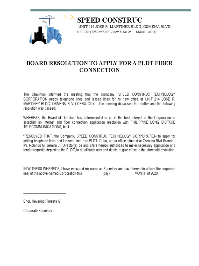 Speed Construc Technology Corp.: Board Resolution To Apply For A PLDT ...
