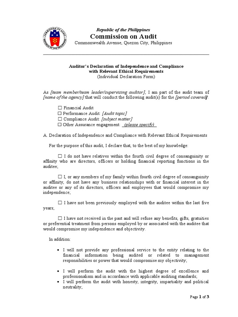 Template - Auditors Declaration of Indepence | PDF | Regulatory ...