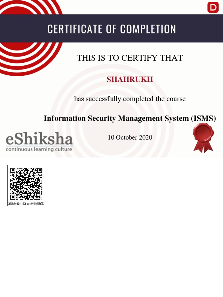 Isms Course Completion Certificate Pdf Computers