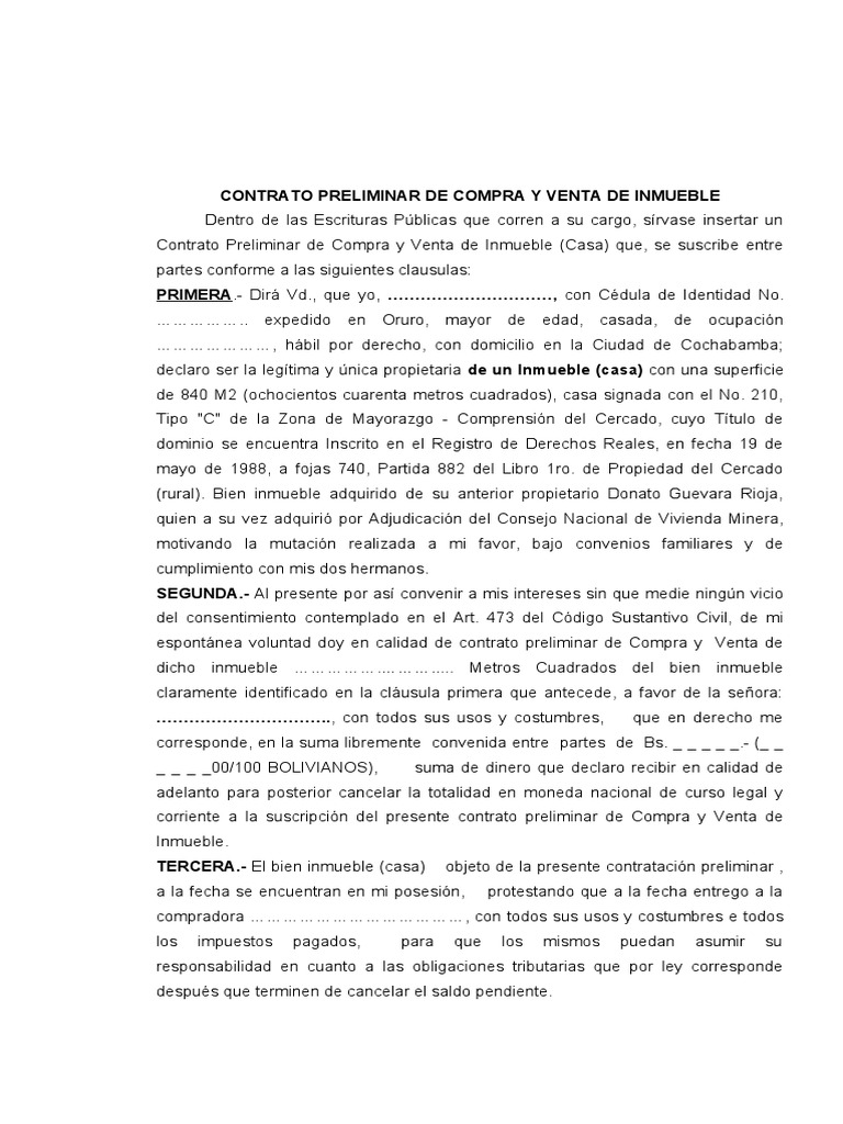 Contrato Preliminar de Compra y Venta de Inmueble1 | PDF | Hipoteca Comercial | Finanzas y ...