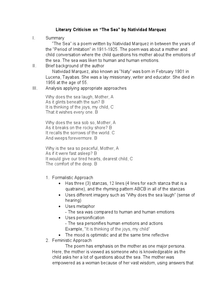 The Sea Literary Criticism | PDF | Psychological Concepts | Poetry