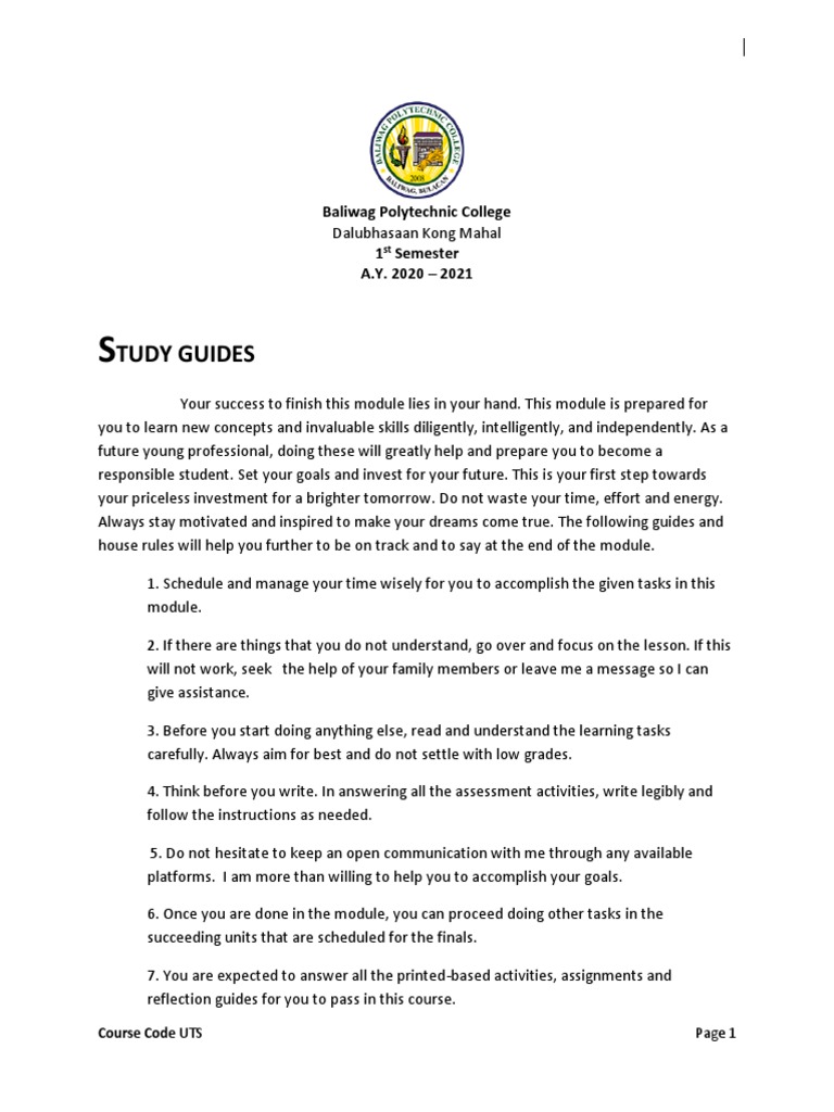 Tudy Guides: Baliwag Polytechnic College 1 Semester A.Y. 2020 - 2021 ...