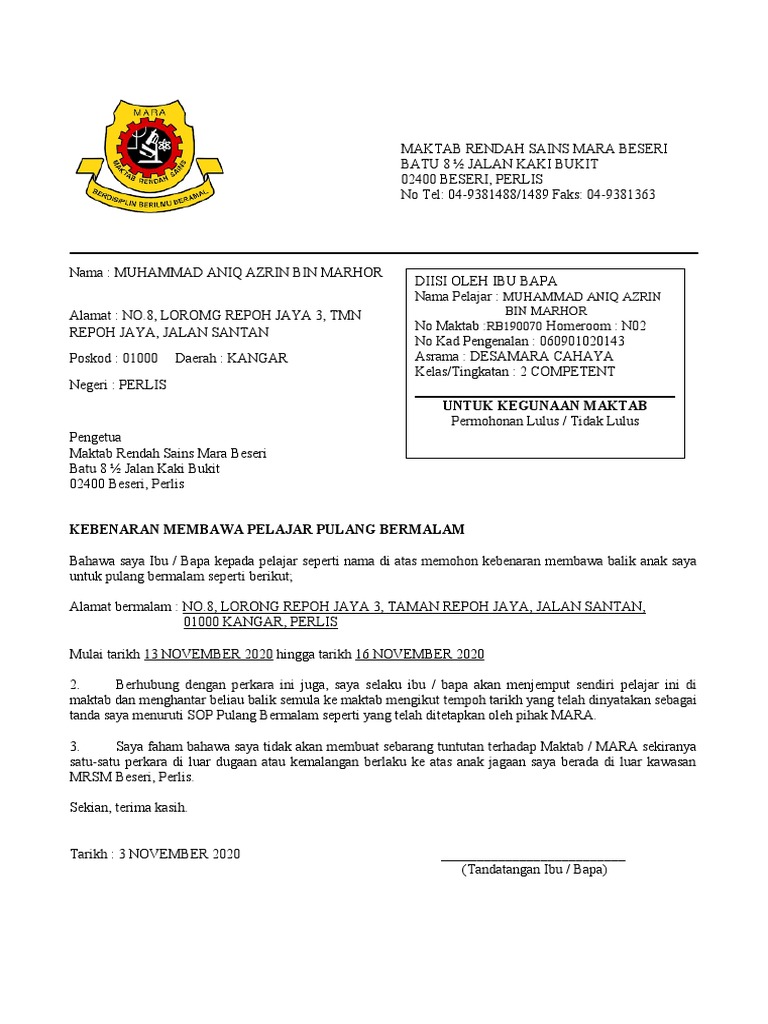 Surat Kebenaran Pulang Bermalam MRSM Beseri | PDF