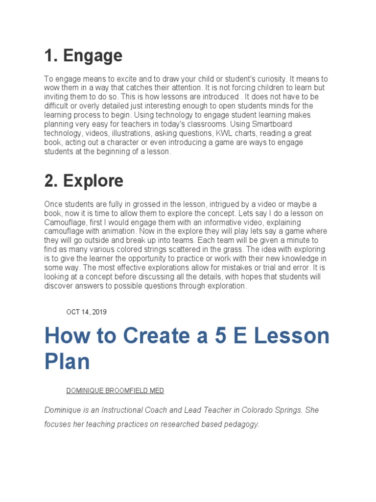 How To Create A 5 E Lesson Plan: 1. Engage | PDF | Educational ...