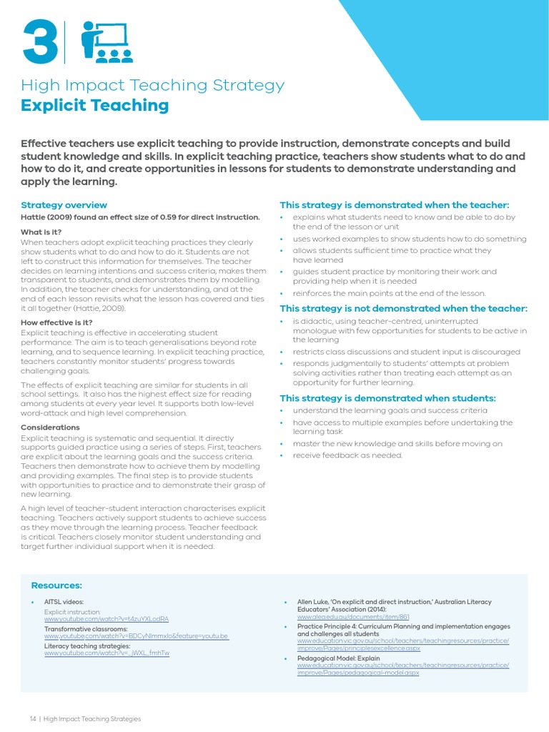 Explicit Teaching Strategies Guide | PDF | Lesson Plan | Teachers