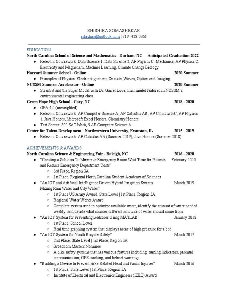 Shishira Somashekar Resume 2 | PDF | Advanced Placement | Physics