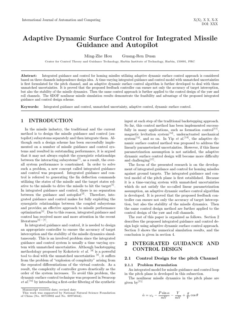 Adaptive Dynamic Surface Control For Integrated Missile Guidance and ...