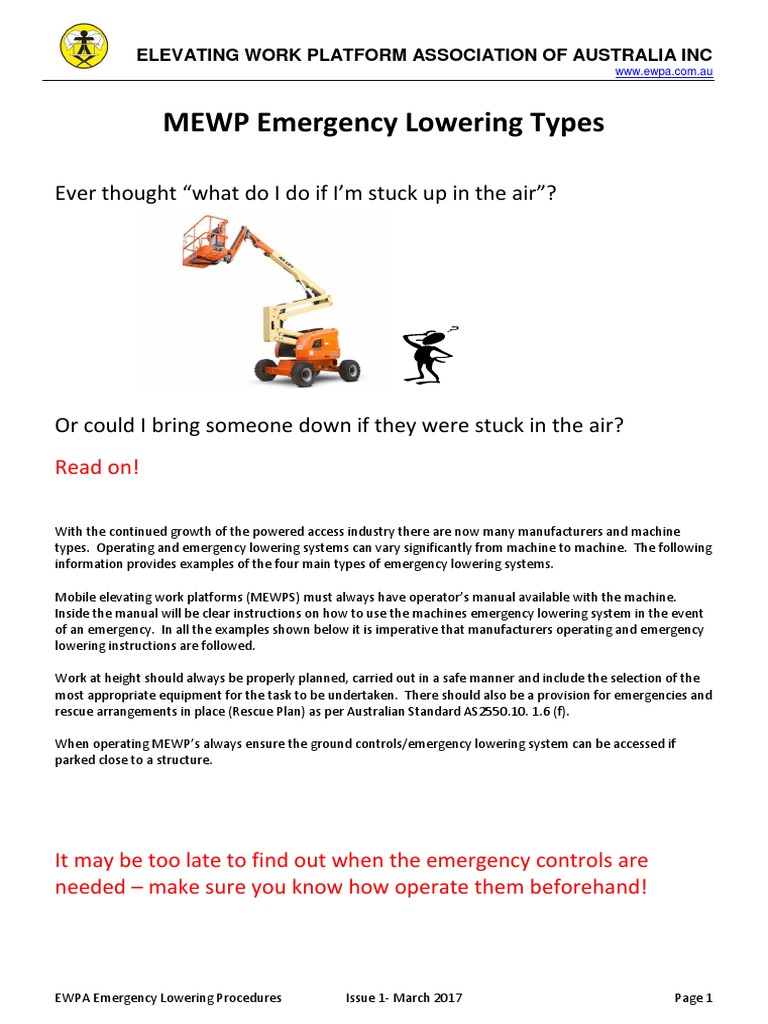 MEWP Emergency Lowering Procedures Guide | PDF