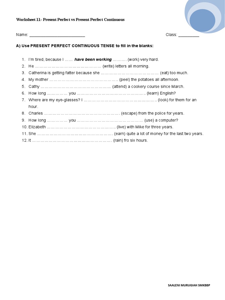 Worksheet 11 Present Perfect Vs Present Perfect Continuous | PDF | Grammar
