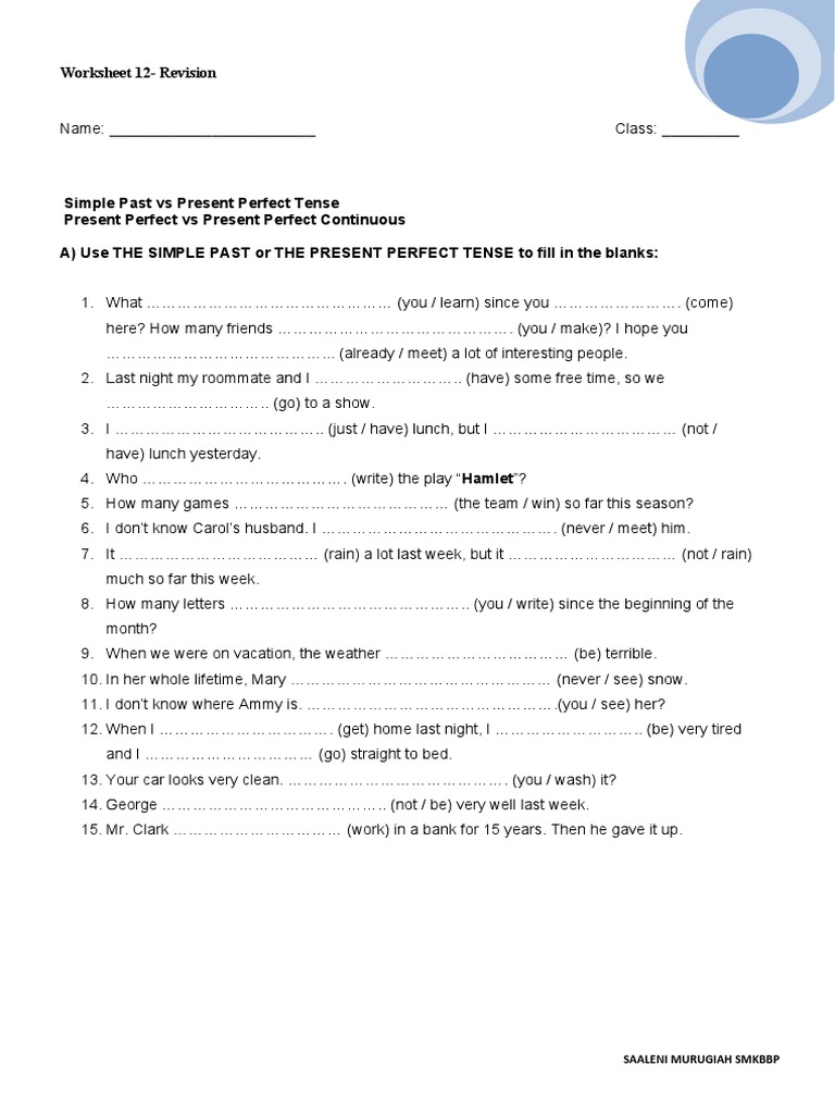 Simple Past Vs Present Perfect Tense: Worksheet 12-Revision | PDF ...