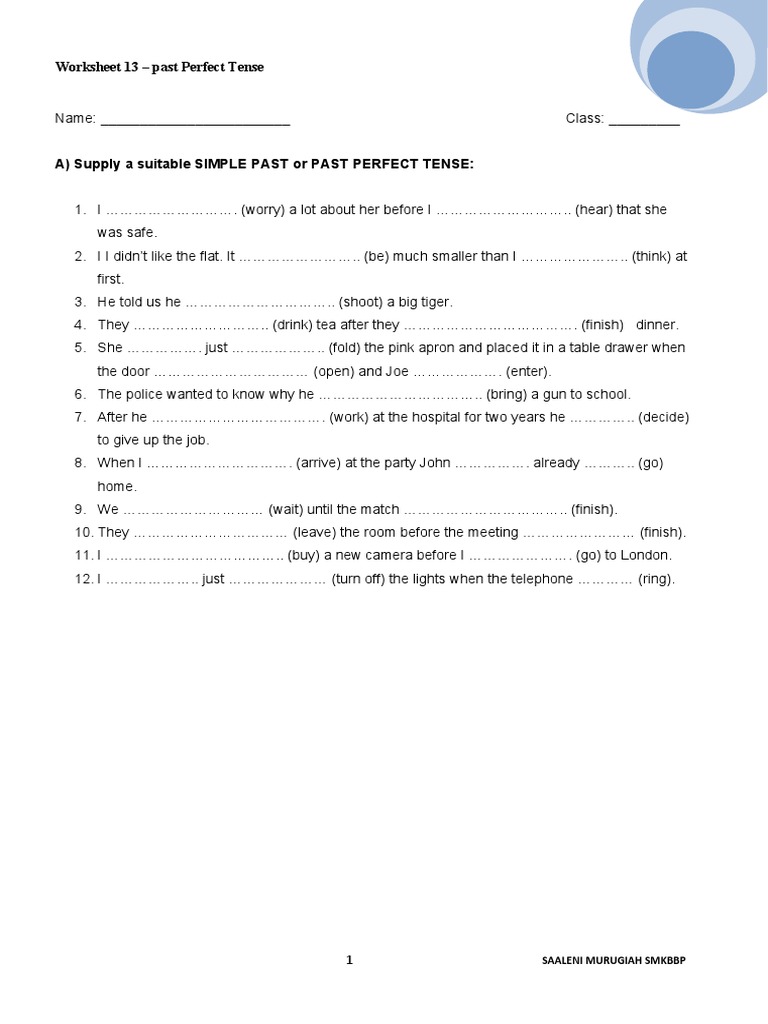 Past Perfect Tense Worksheet | PDF