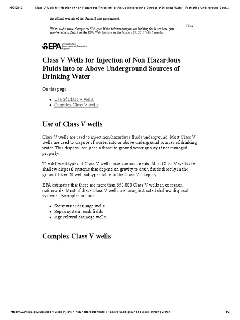 Class V Wells For Injection of Non-Hazardous Fluids Into or Above ...