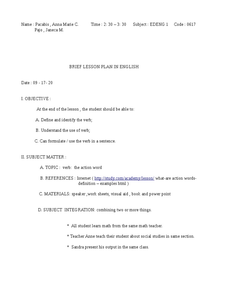 Edeng 1 Lesson Plan | PDF | Question | Lesson Plan